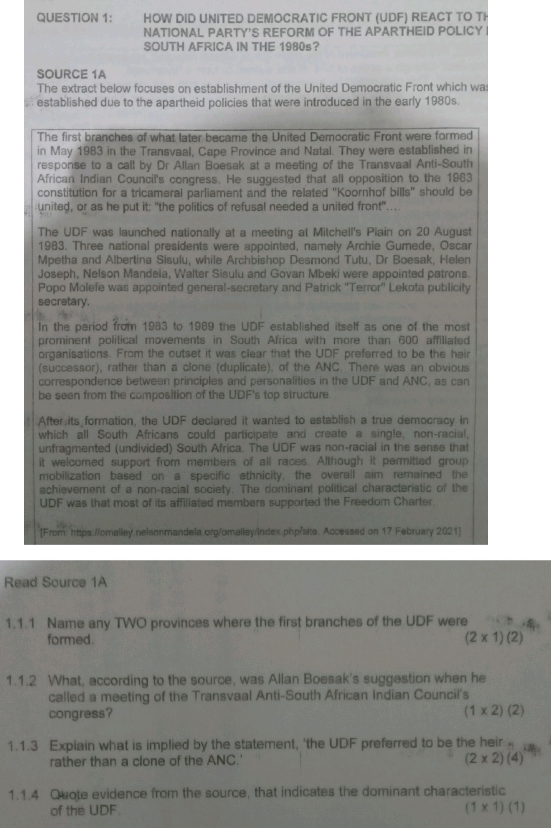 QUESTION 1: HOW DID UNITED DEMOCRATIC FRONT