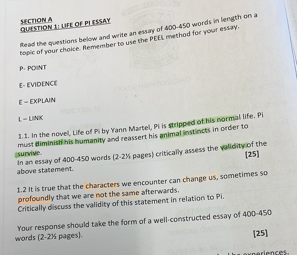 SECTION A QUESTION 1: LIFE OF PI ESSAY Read | StudyX