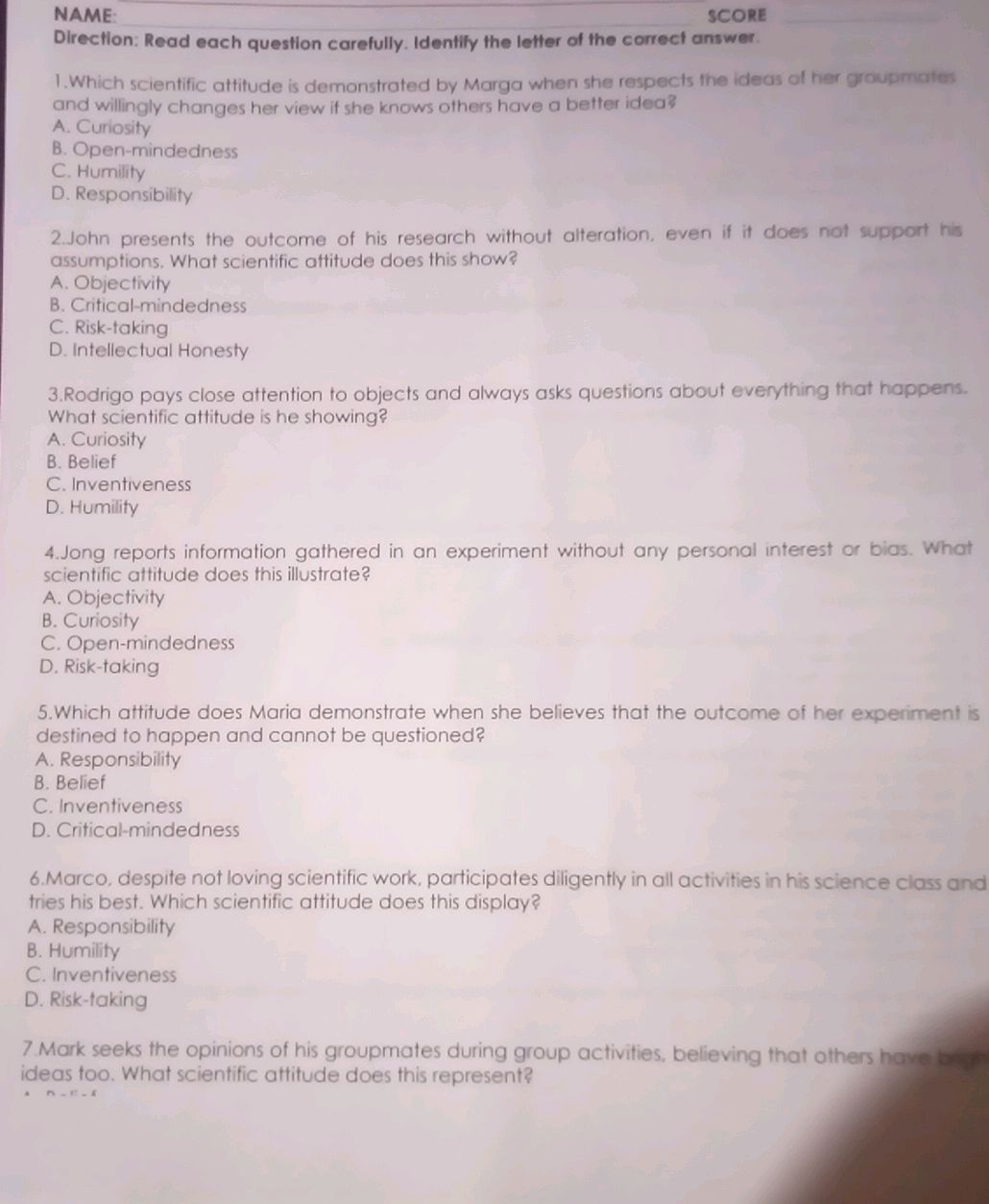 NAME: SCORE Direction: Read each question | StudyX