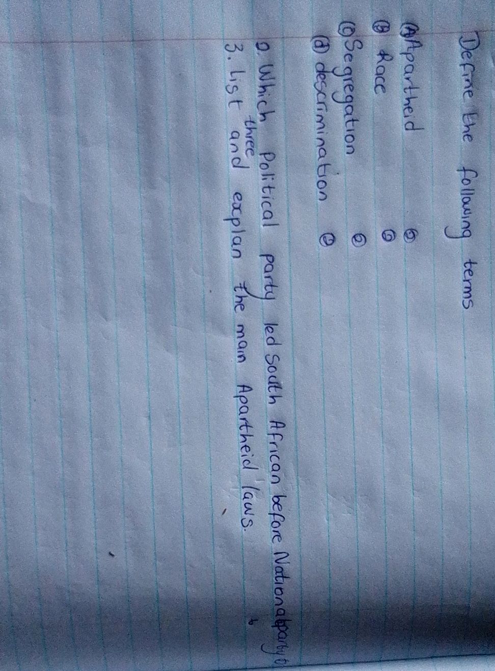 Define the following terms. Apartheid Race | StudyX