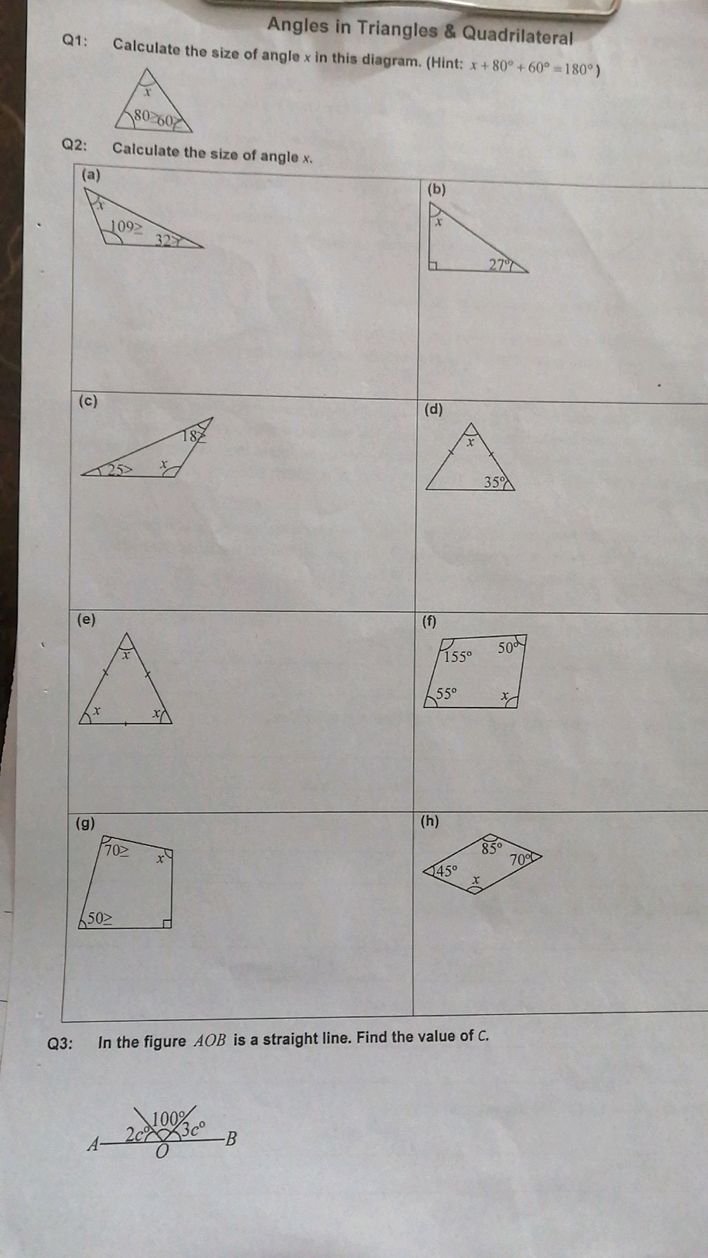 Q1: Calculate the size of angle x in this