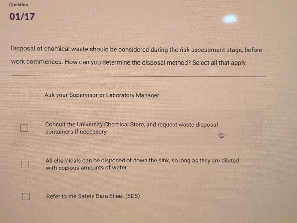 Disposal of chemical waste should be | StudyX