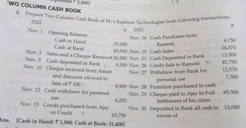 WO COLUMN CASH BOOK 2. Prepare Two Column | StudyX