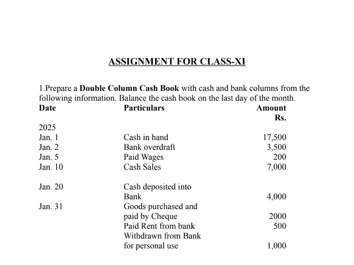 1. Prepare a Double Column Cash Book with | StudyX