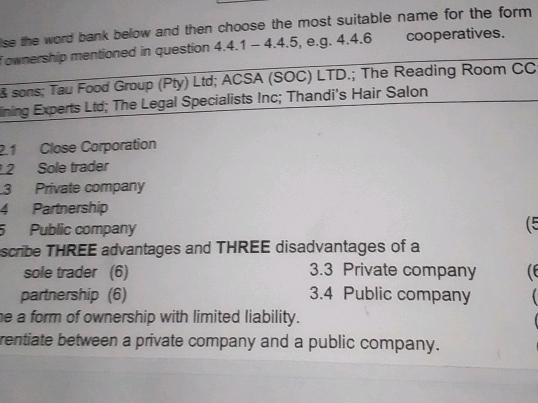 2.1 Close Corporation 2.2 Sole trader 2.3