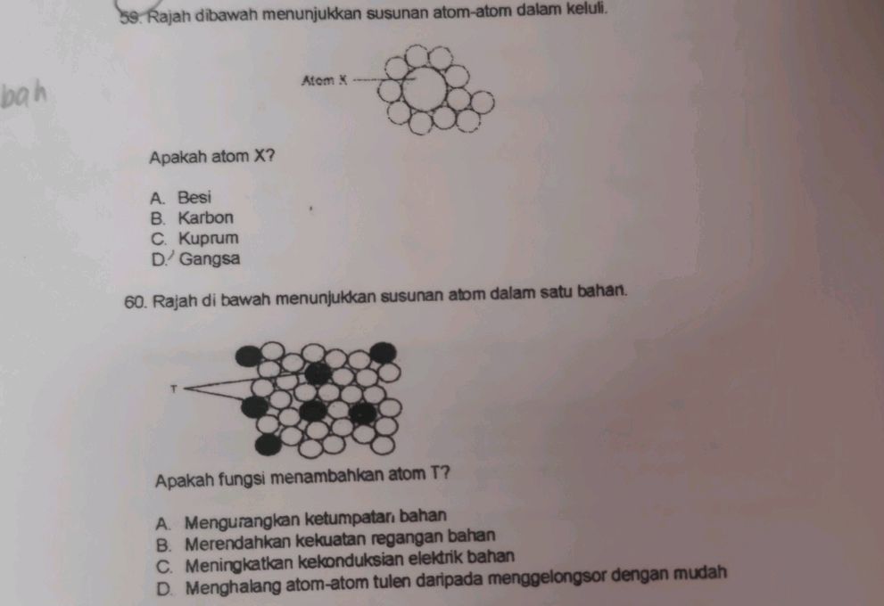 Rajah dibawah menunjukkan susunan atom-atom