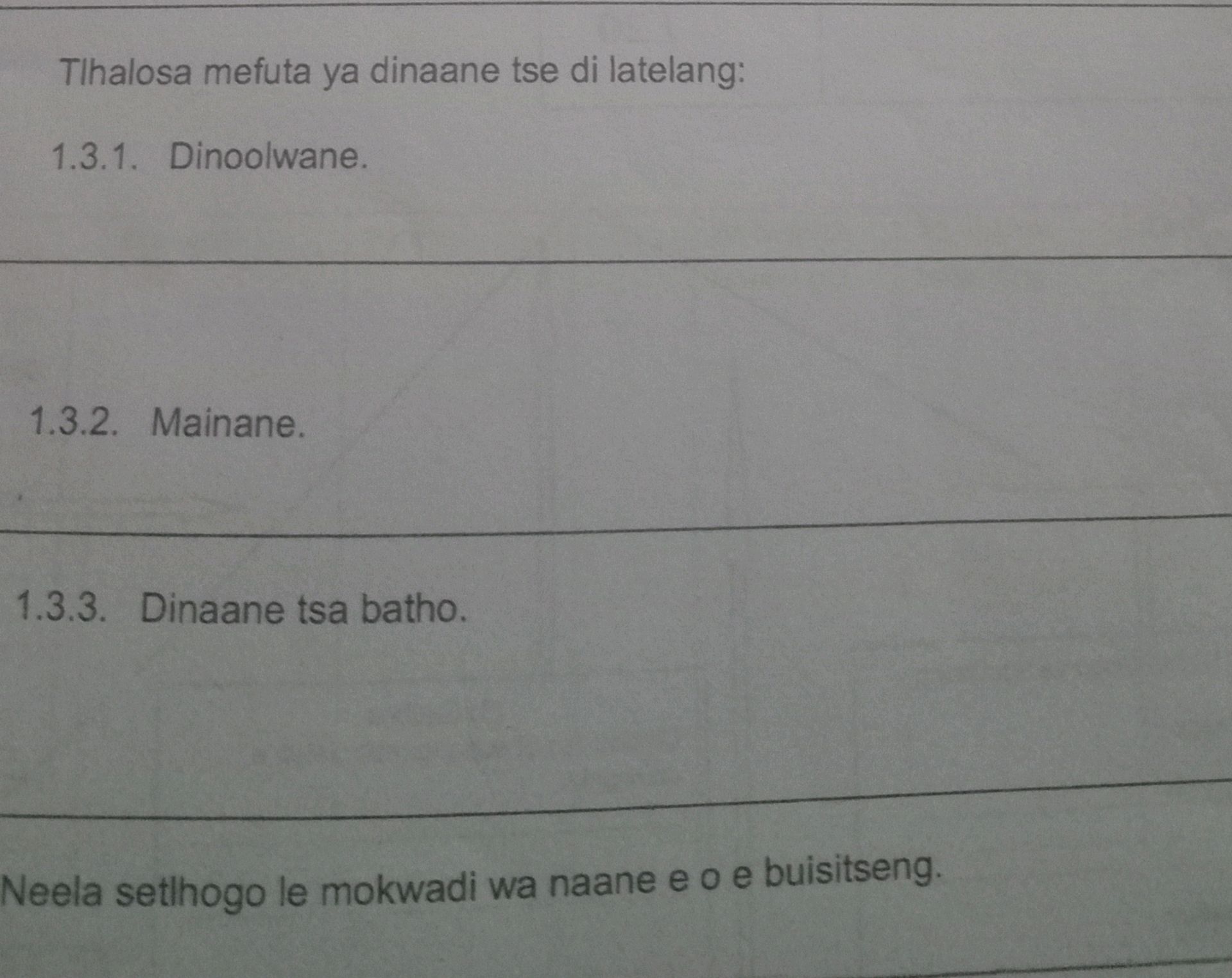 Tlhalosa mefuta ya dinaane tse di latelang:
