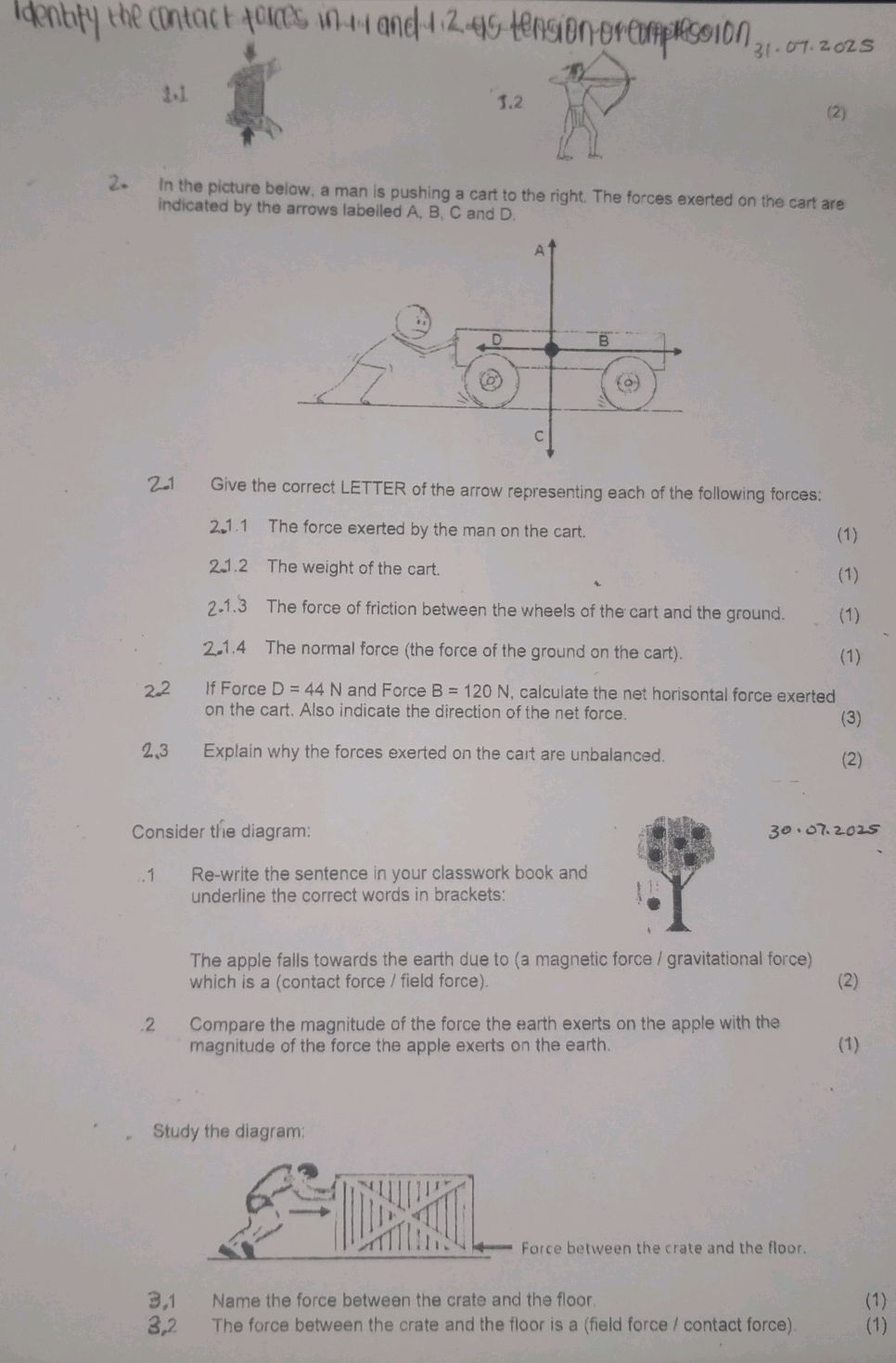 1. Identify the contact forces in 1.1 and | StudyX