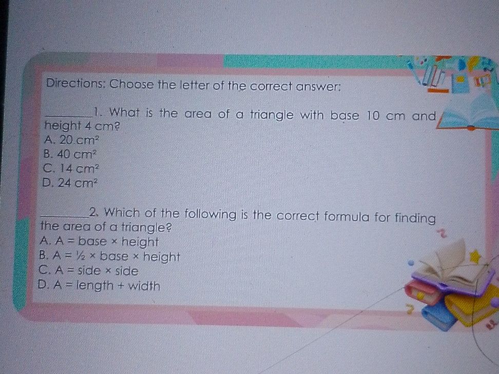What is the area of a triangle with base 10