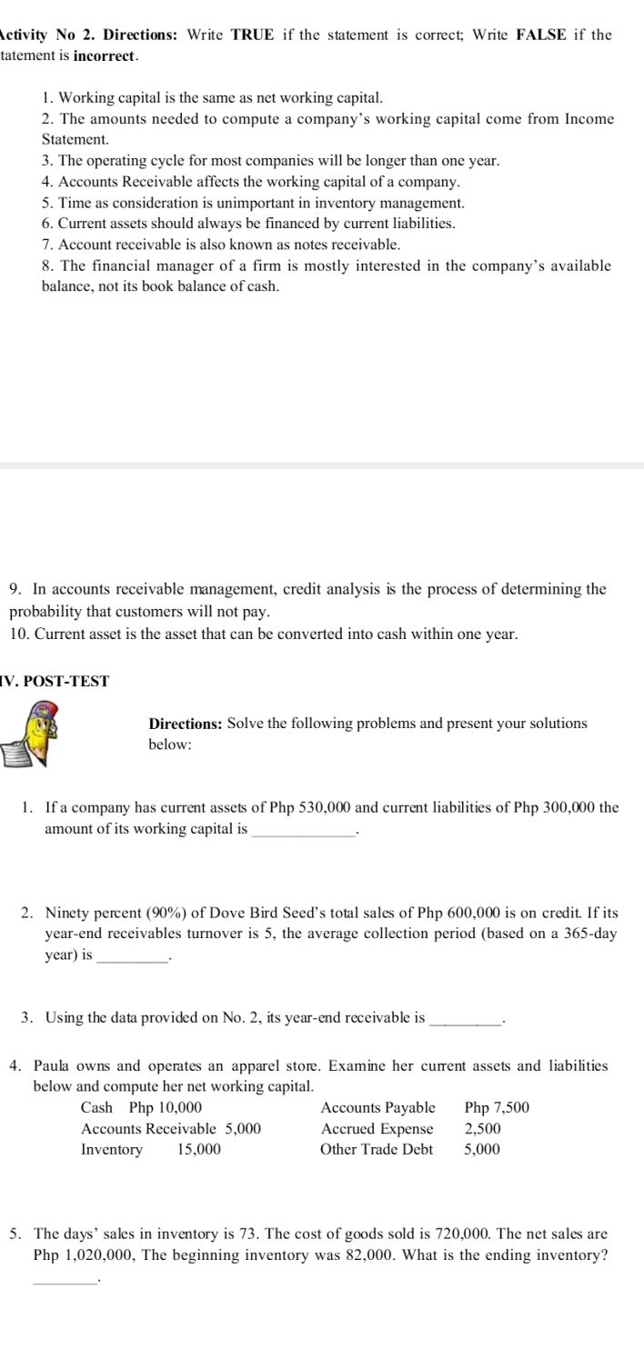 Activity No 2. Directions: Write TRUE if the | StudyX