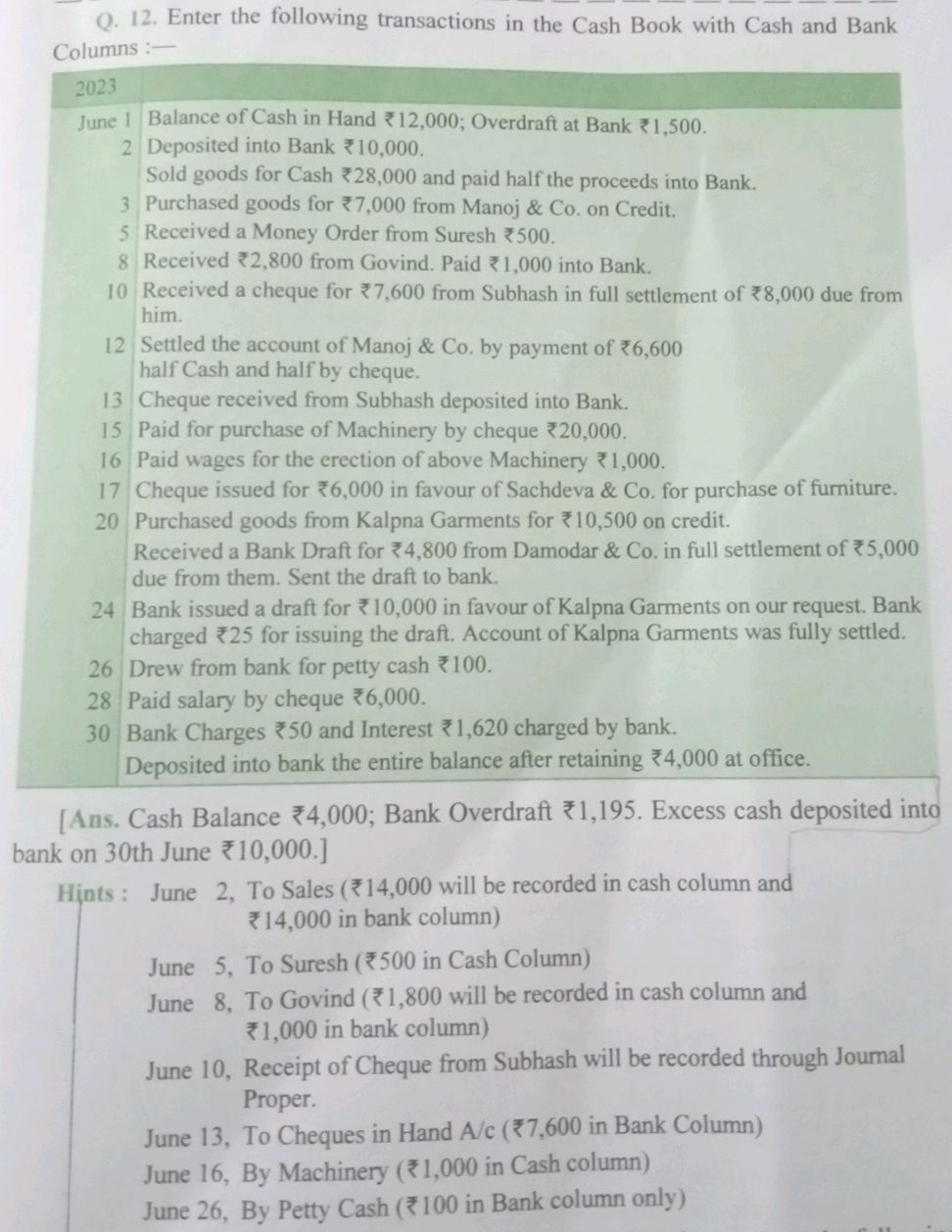 Q. 12. Enter the following transactions in | StudyX