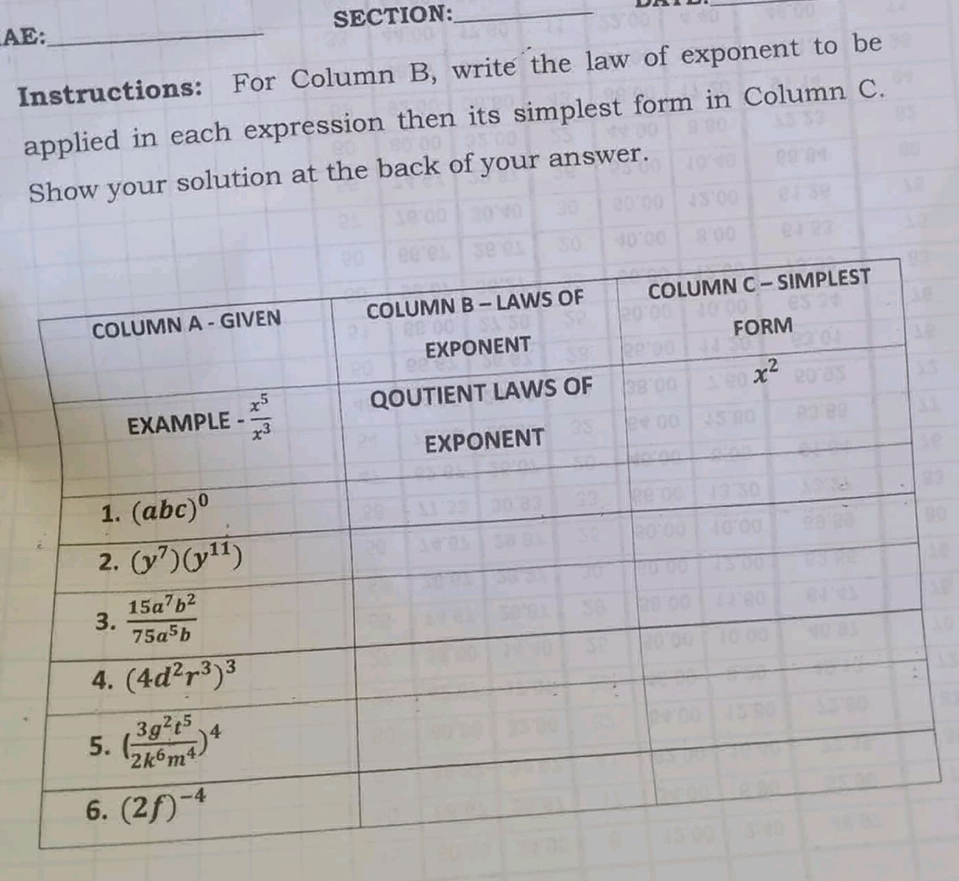 Instructions: For Column B, write the law of
