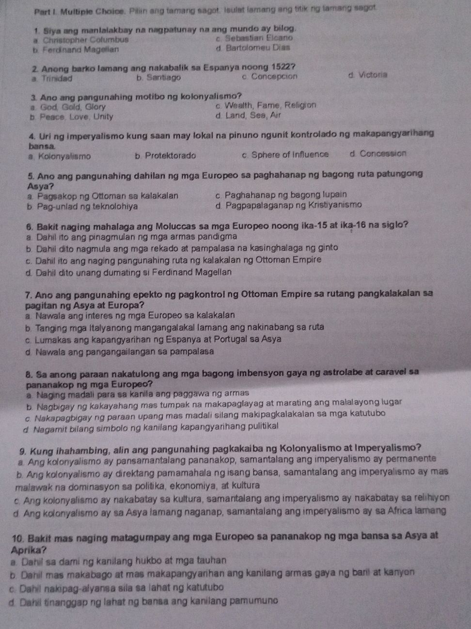 Part 1. Multiple Choice. Piliin ang tamang | StudyX