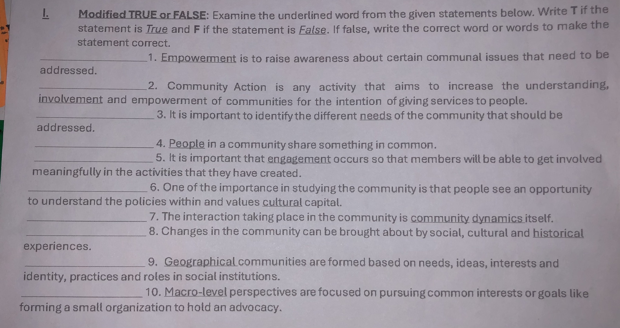 I. Modified TRUE or FALSE: Examine the | StudyX