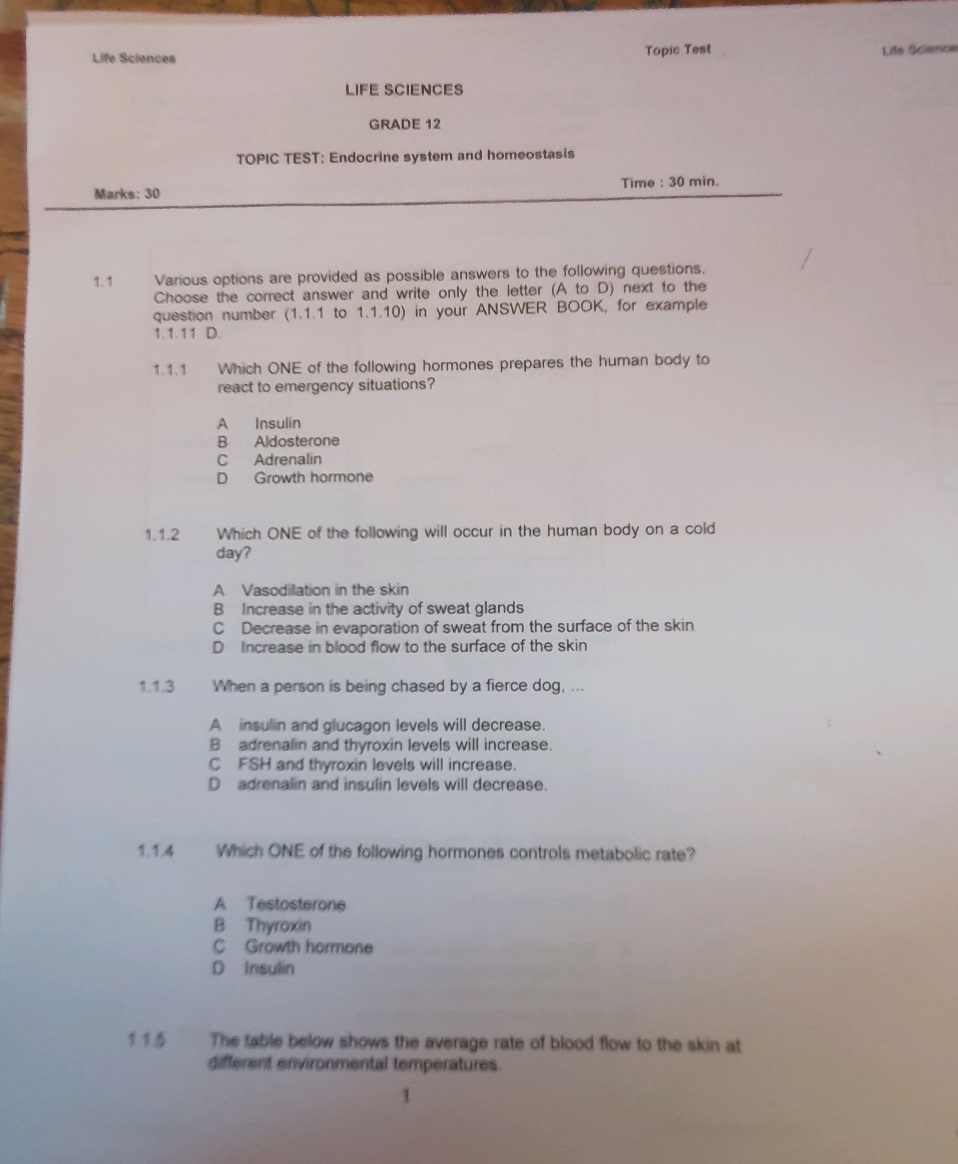 LIFE SCIENCES GRADE 12 TOPIC TEST: Endocrine