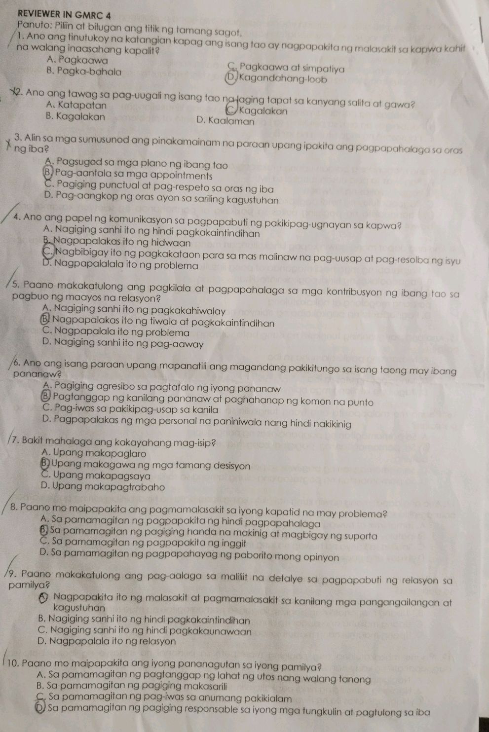 REVIEWER IN GMRC 4 Panuto: Piliin at bilugan | StudyX