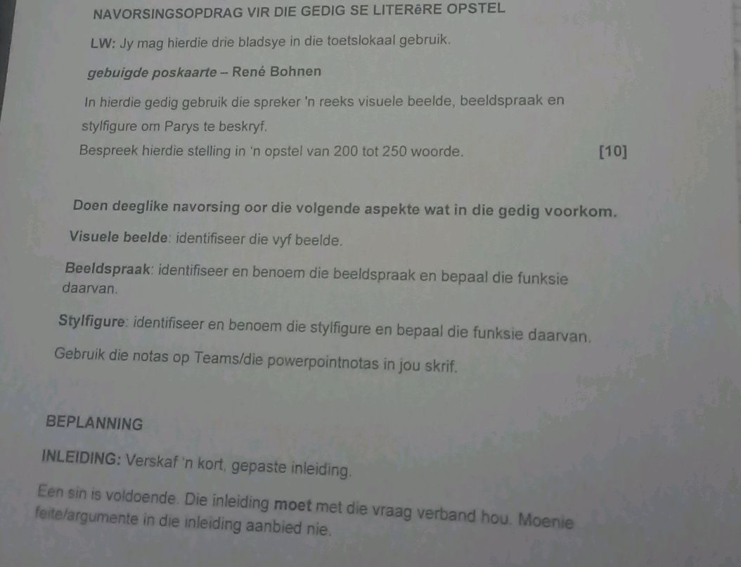 NAVORSINGSOPDRAG VIR DIE GEDIG SE LITERêRE | StudyX
