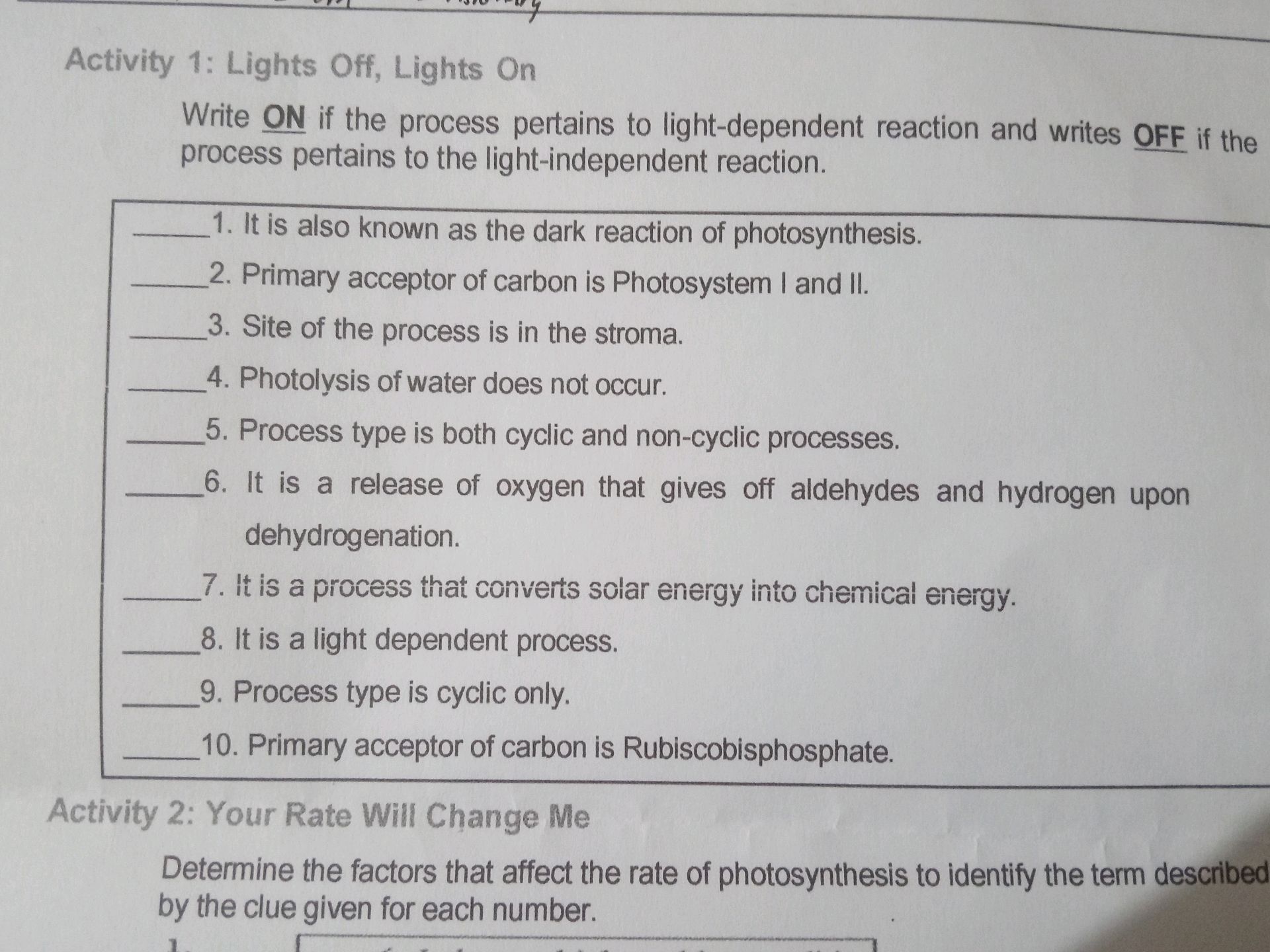 Activity 1: Lights Off, Lights On Write ON | StudyX