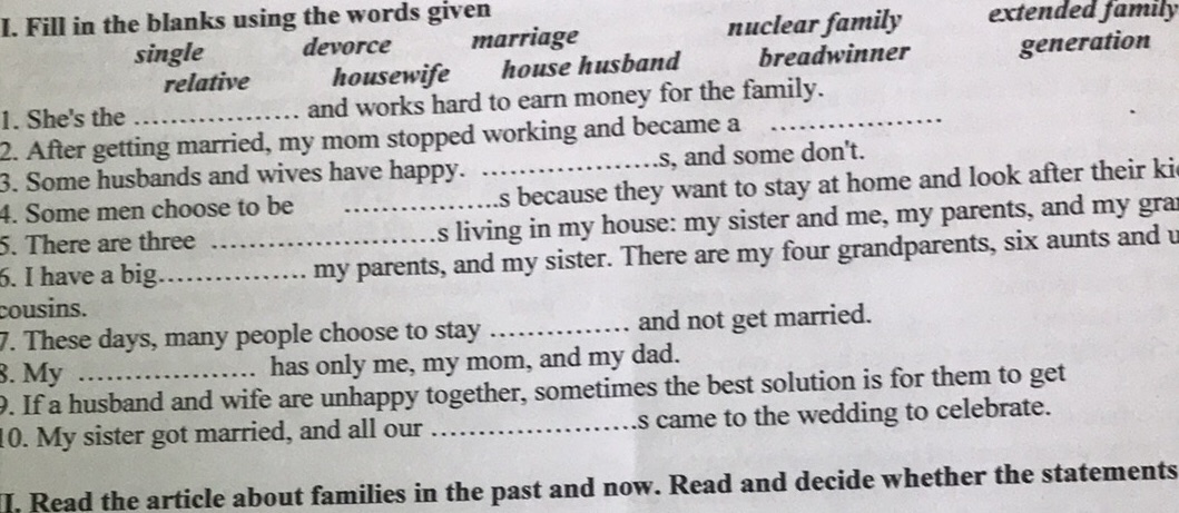 I. Fill in the blanks using the words given | StudyX