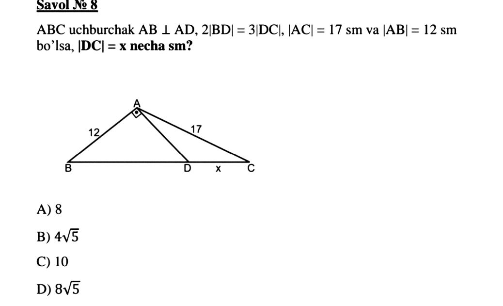 ABC uchburchak AB $ $ AD, 2|BD| = 3|DC|,