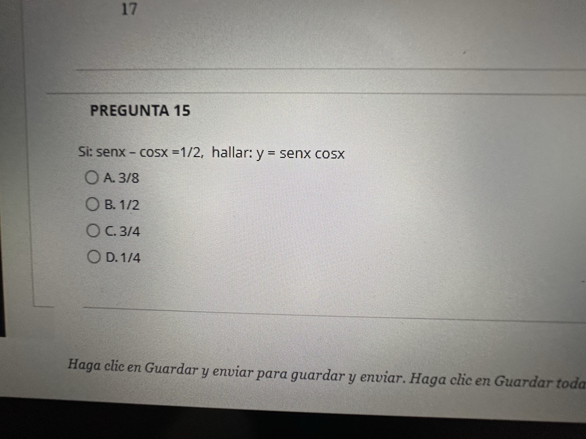 Si: $ {senx} - {cosx} = 1/2$, hallar: $y = | StudyX