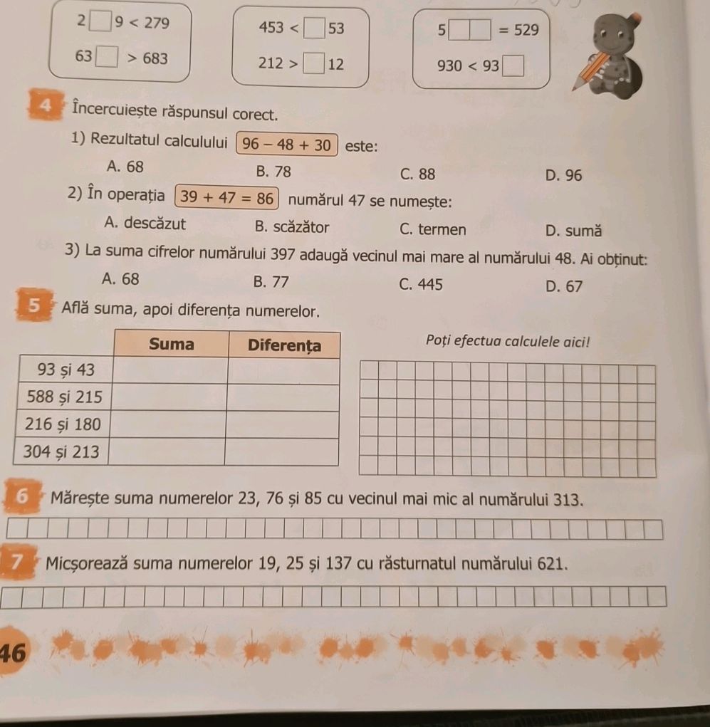 1) Rezultatul calculului $96 - 48 + 30$