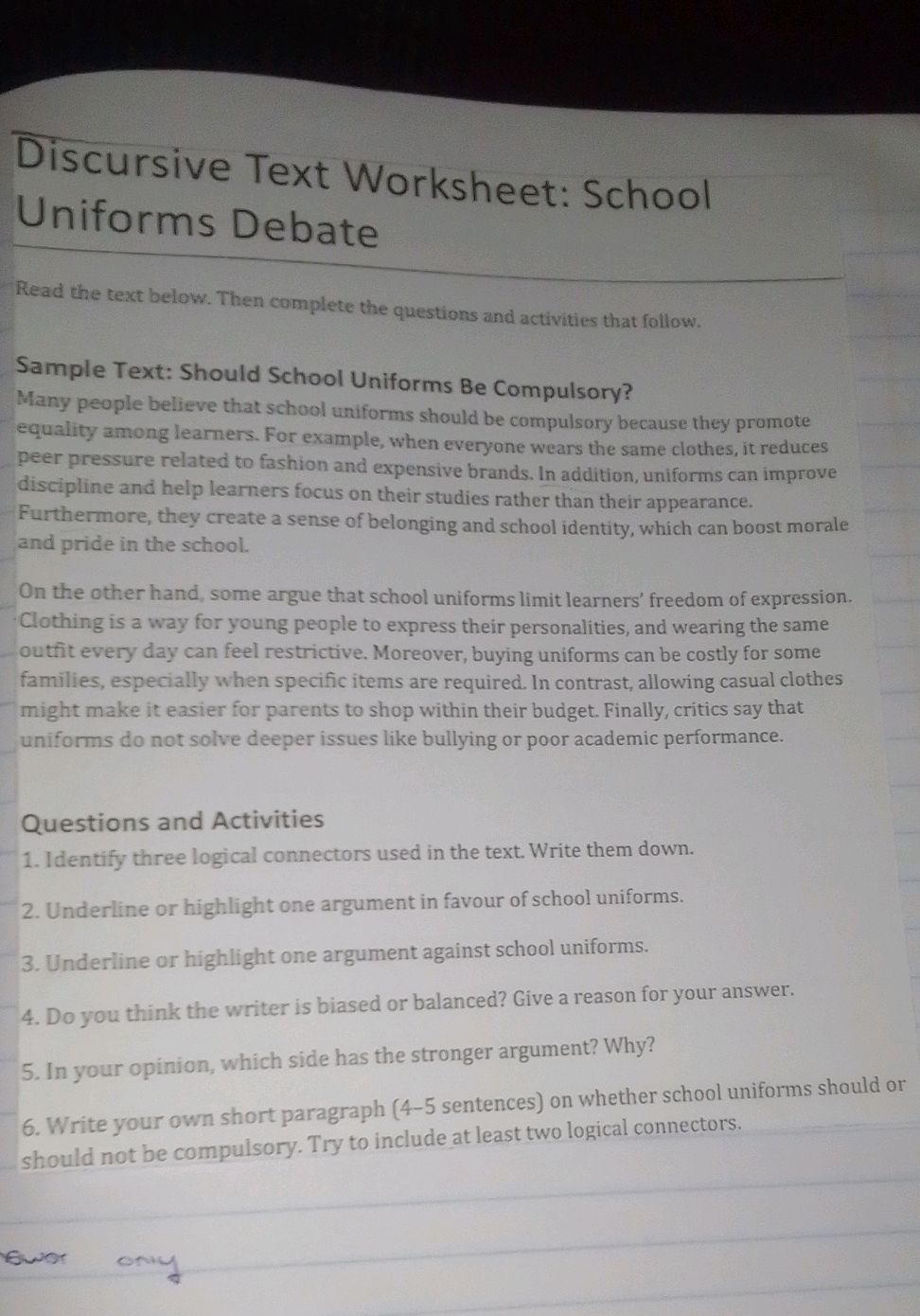 Sample Text: Should School Uniforms Be | StudyX