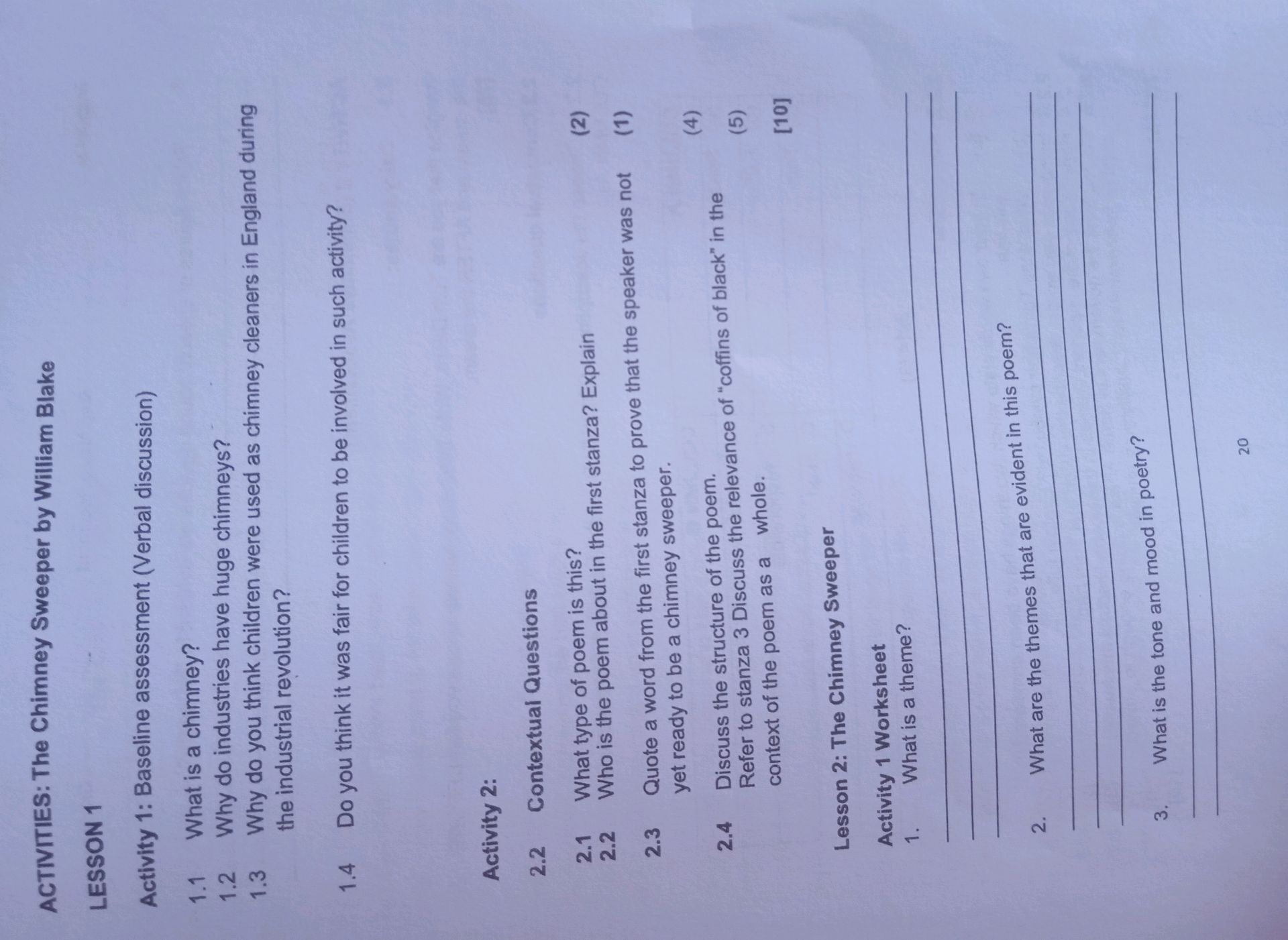 ACTIVITIES: The Chimney Sweeper by William | StudyX