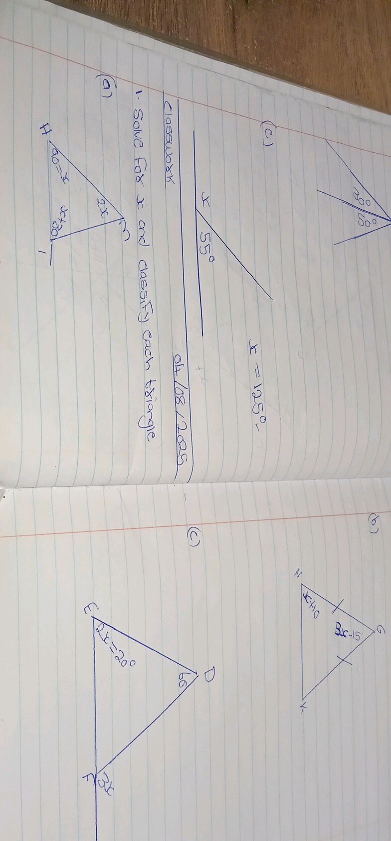 Solve for x and classify each triangle (a)
