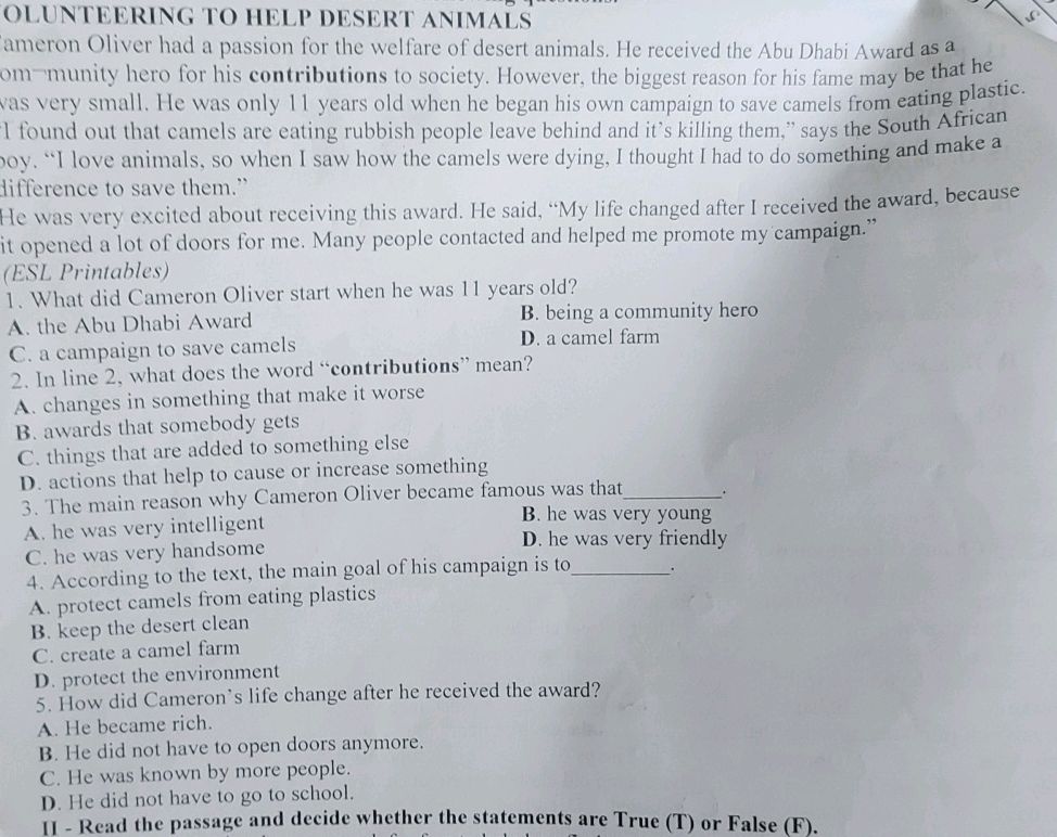 VOLUNTEERING TO HELP DESERT ANIMALS Cameron | StudyX