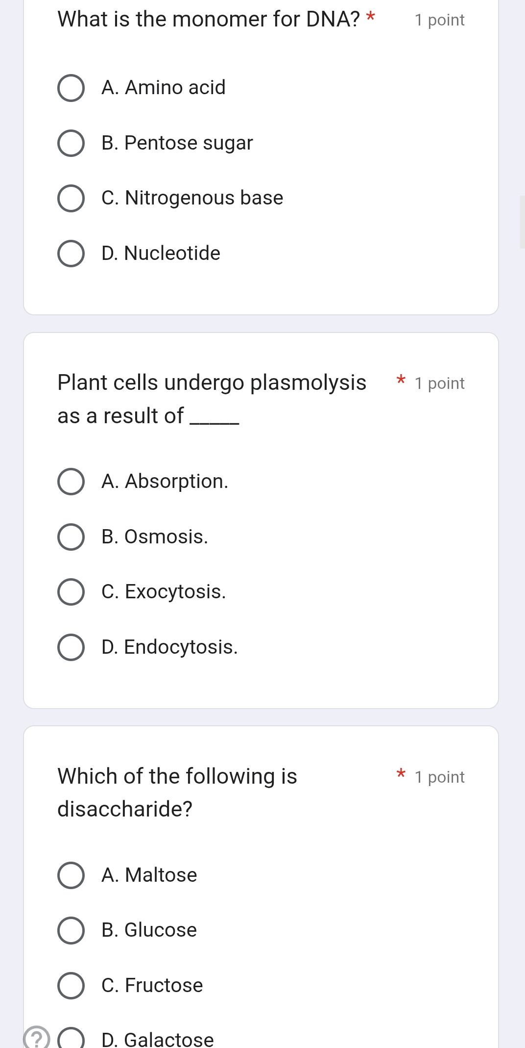 What is the monomer for DNA? A. Amino acid | StudyX