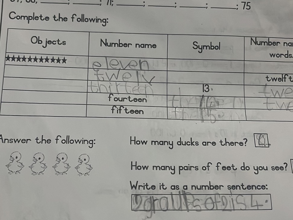 Complete the following: | Objects | Number | StudyX