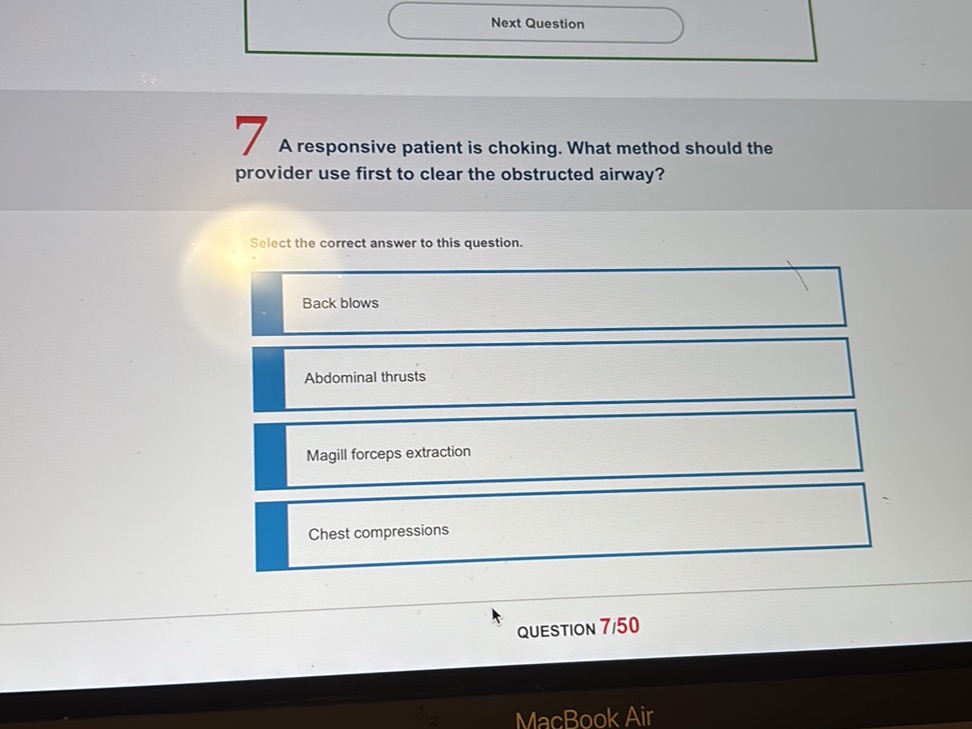 A responsive patient is choking. What method