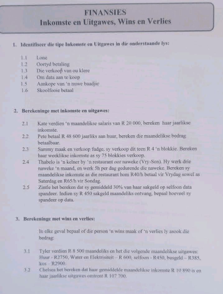 1. Identifiseer die tipe Inkomste en | StudyX