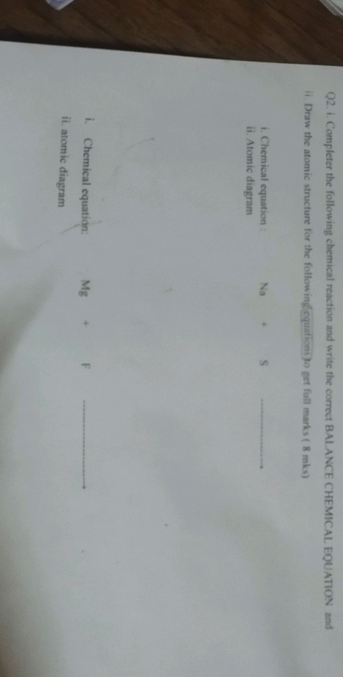 Q2. i. Completer the following chemical | StudyX