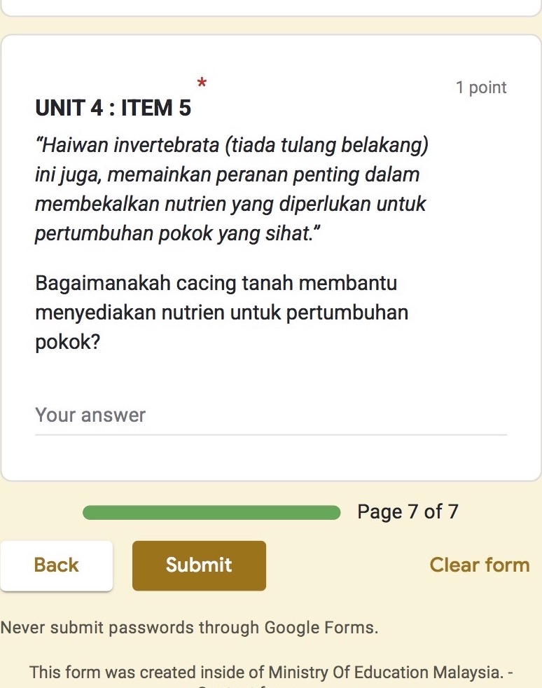 1 point UNIT 4 : ITEM 5 "Haiwan | StudyX