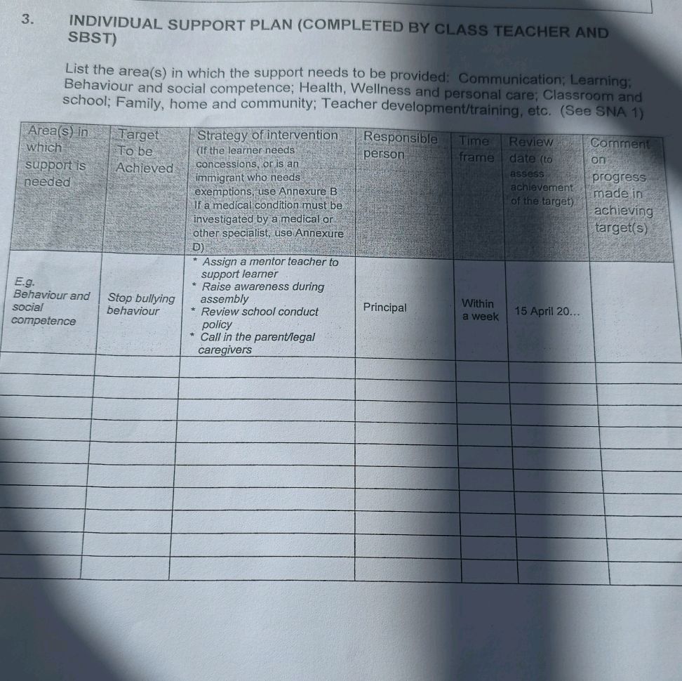 INDIVIDUAL SUPPORT PLAN (COMPLETED BY CLASS