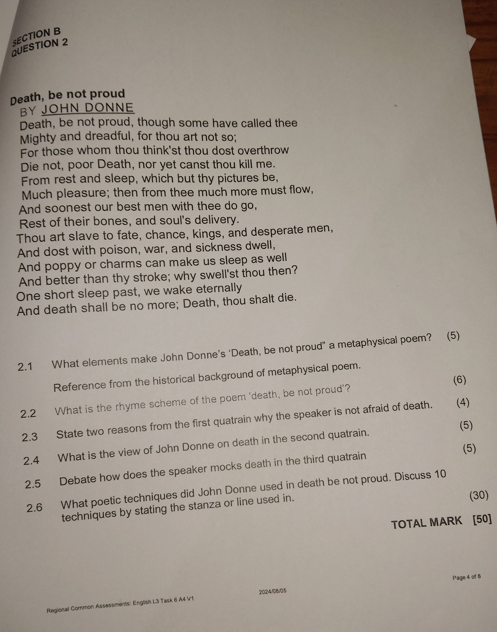 SECTION B QUESTION 2 Death, be not proud BY | StudyX
