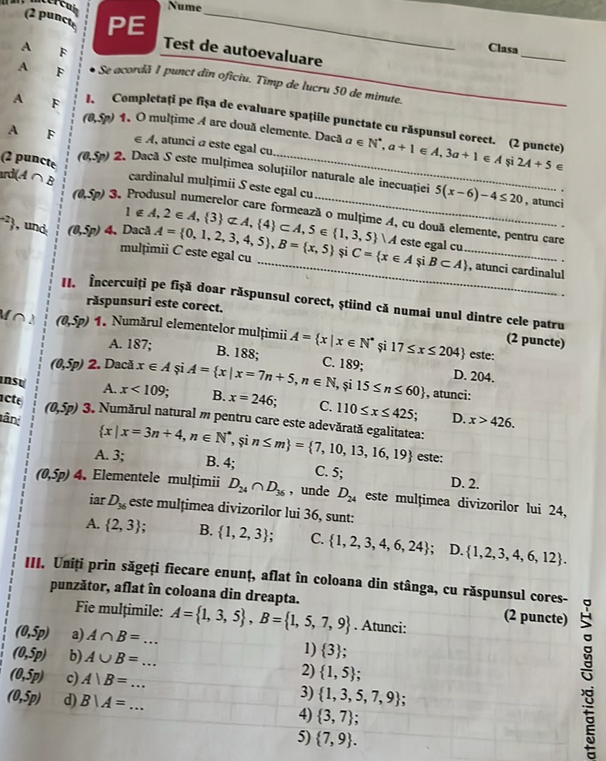 PE Test de autoevaluare Clasa Se acordă 1 | StudyX