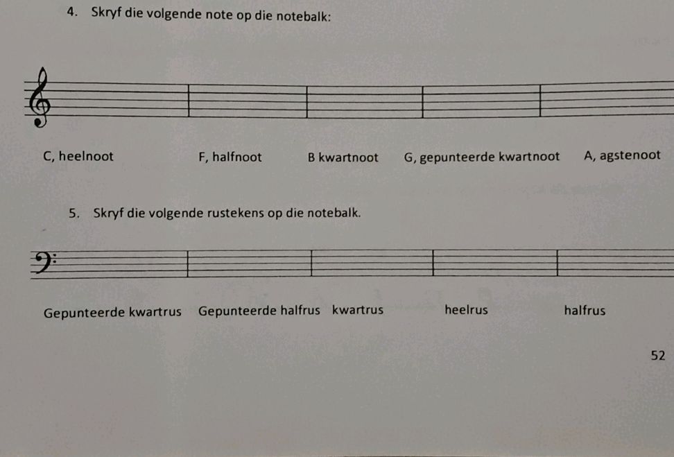 Skryf die volgende note op die notebalk: C,