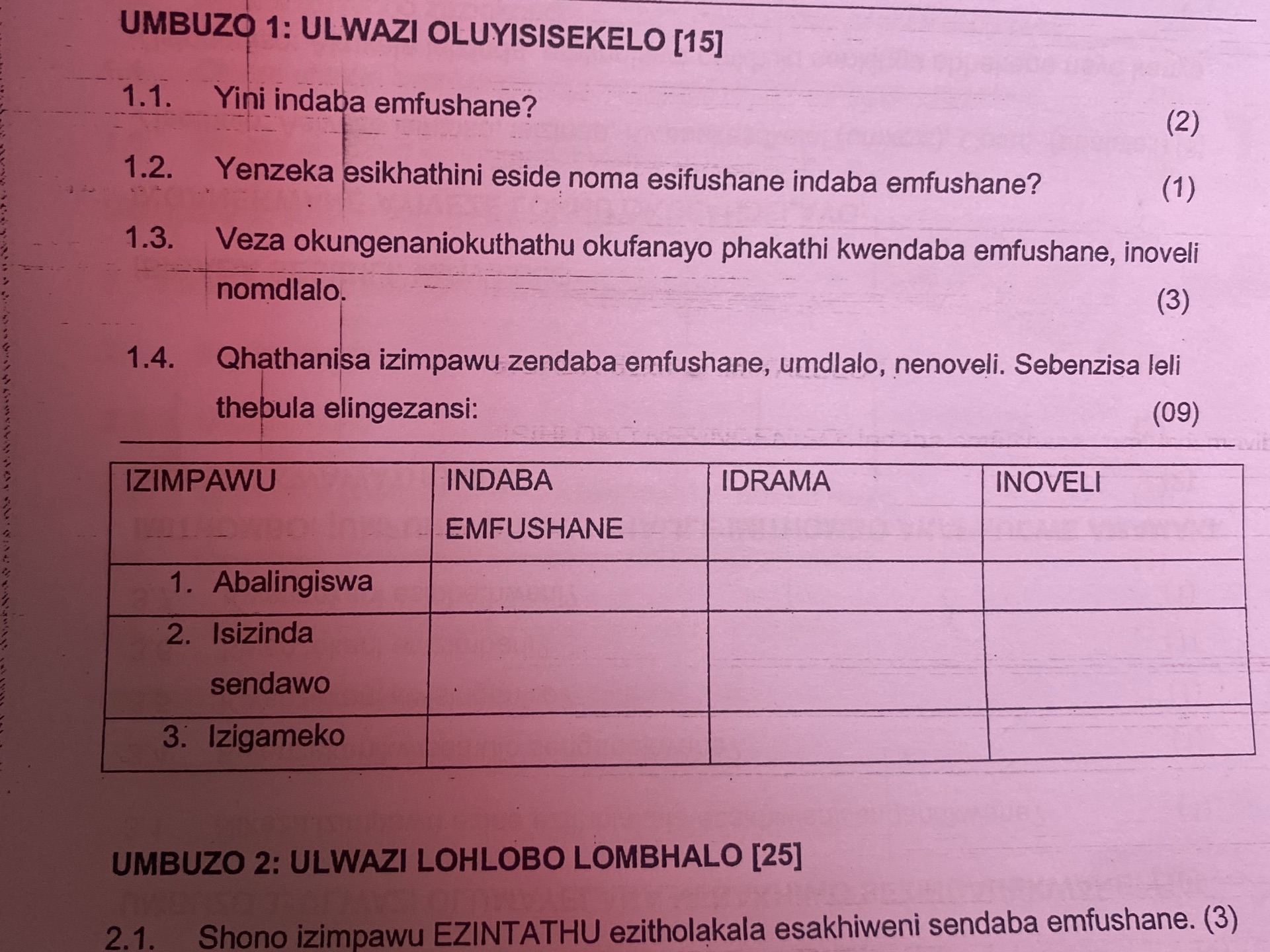 1.1. Yini indaba emfushane? 1.2. Yenzeka | StudyX