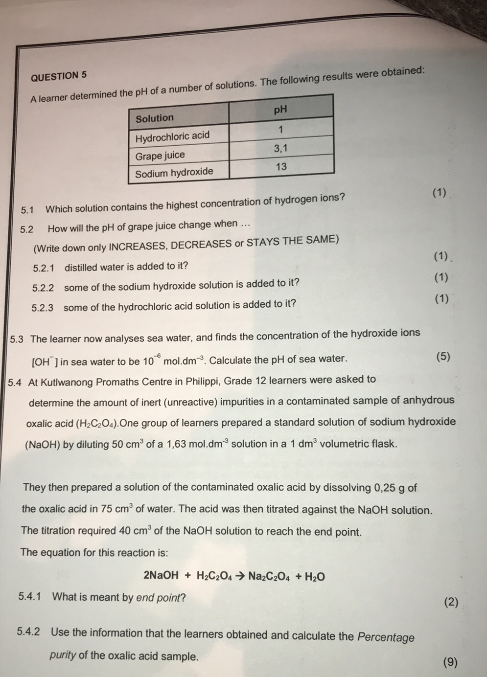 QUESTION 5 A learner determined the pH of a