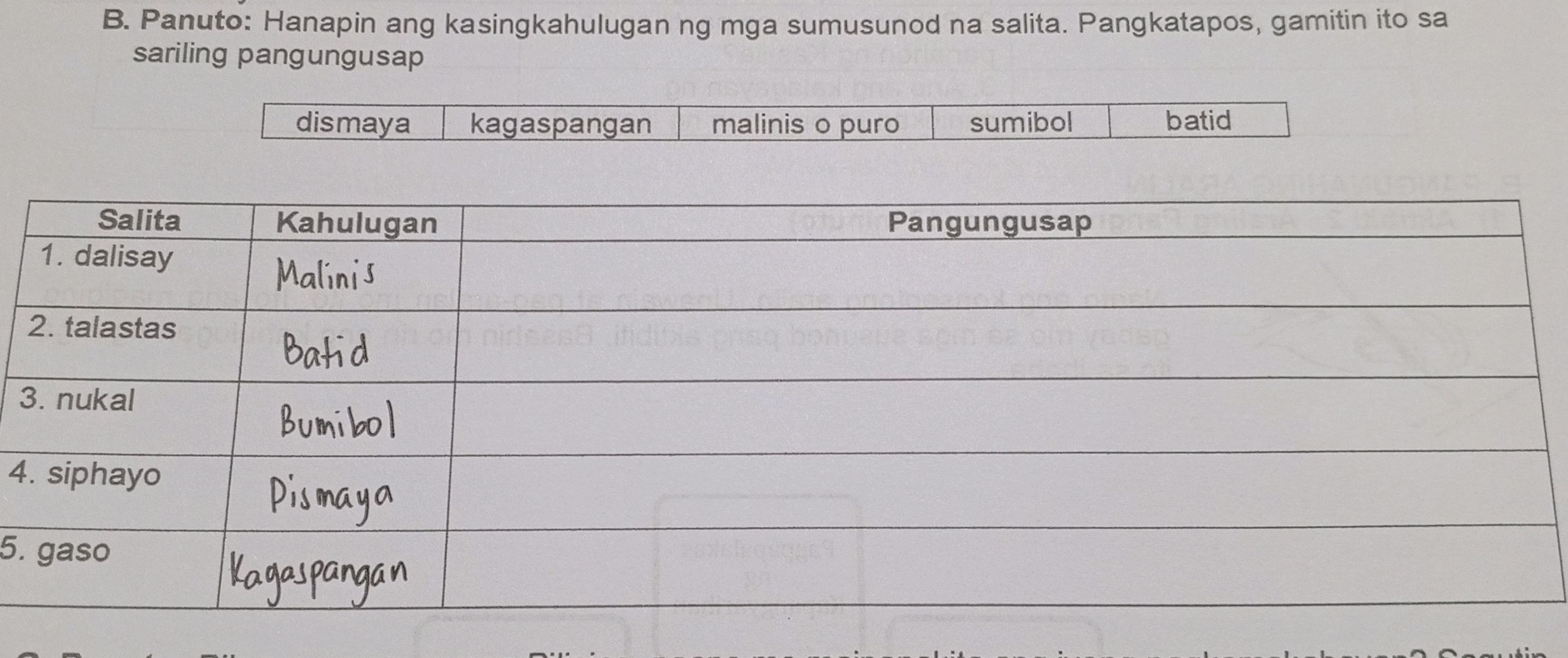 B. Panuto: Hanapin ang kasingkahulugan ng | StudyX