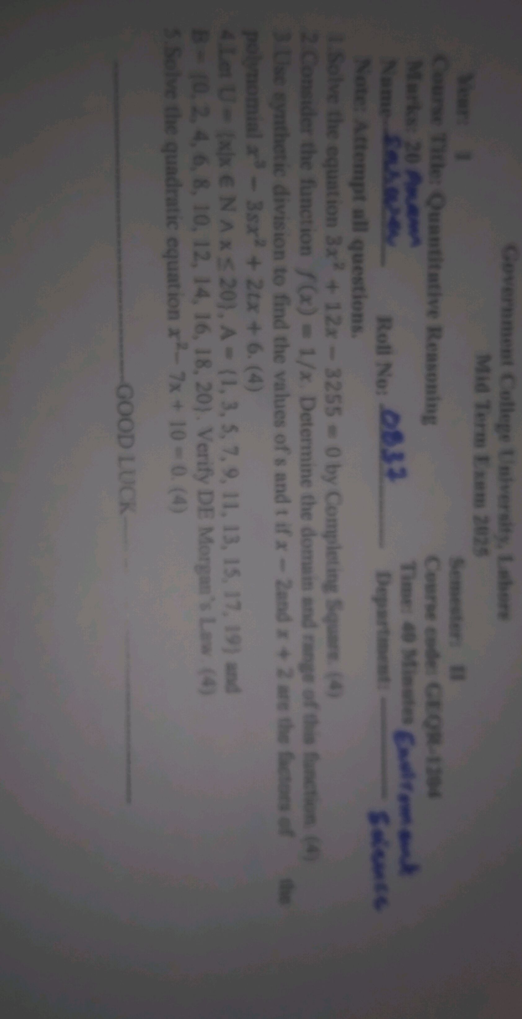 1. Solve the equation $3x^2 + 12x - 3255 = | StudyX