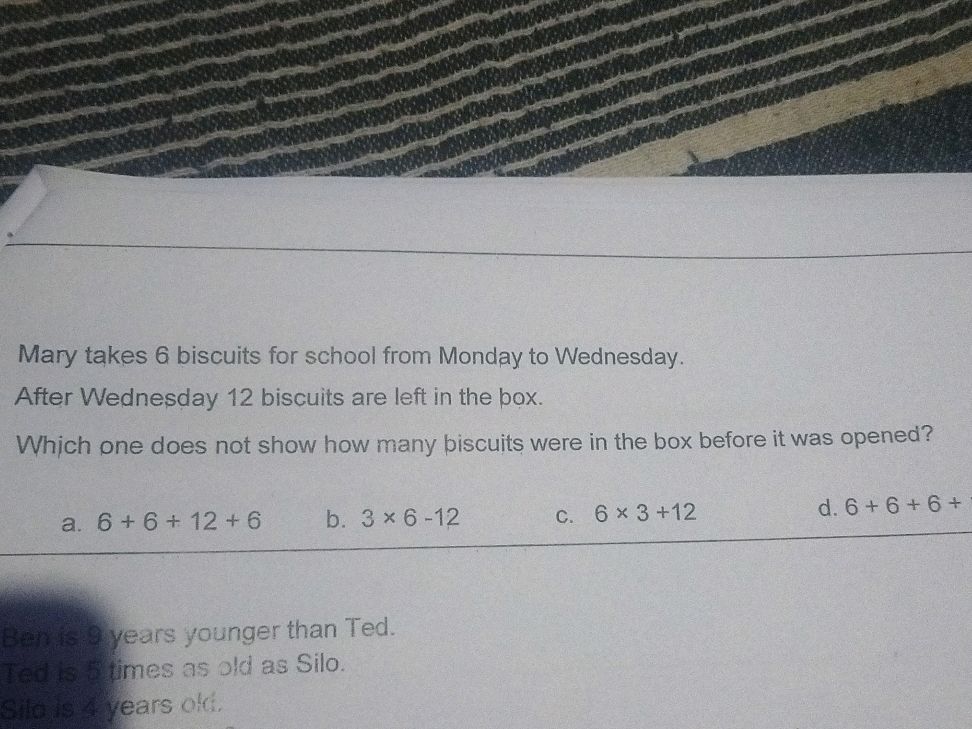 Mary takes 6 biscuits for school from Monday
