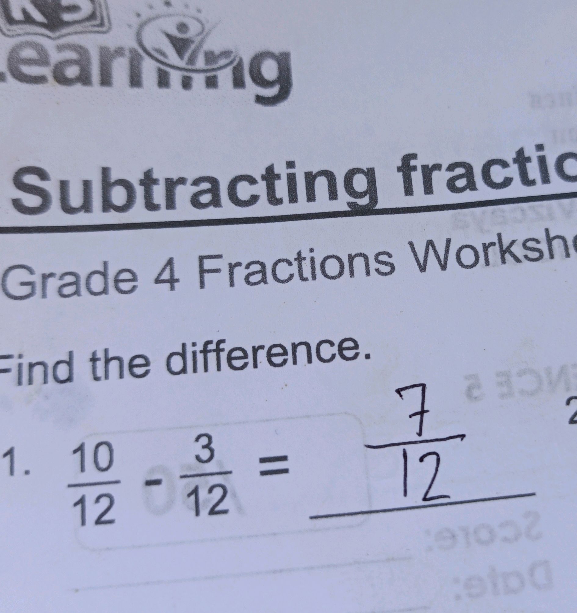Find the difference. 1. $ {10}{12} - | StudyX