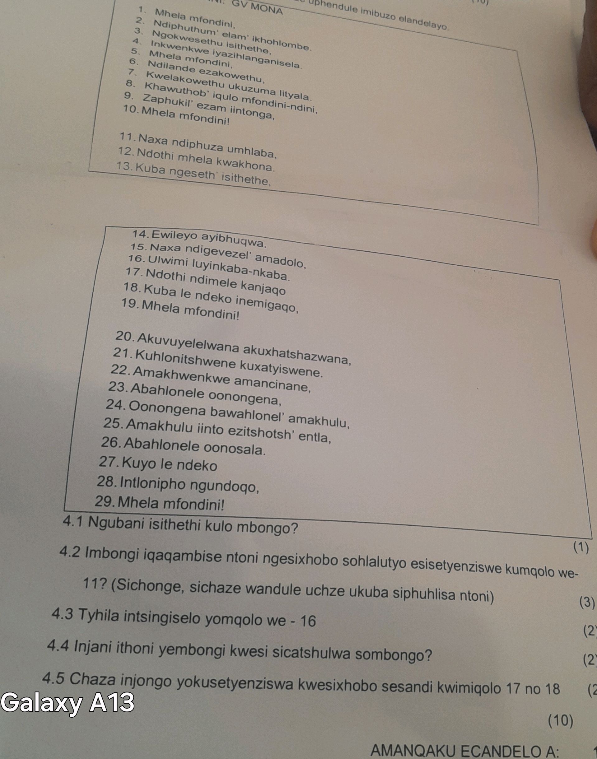 4.1 Ngubani isithethi kulo mbongo? 4.2