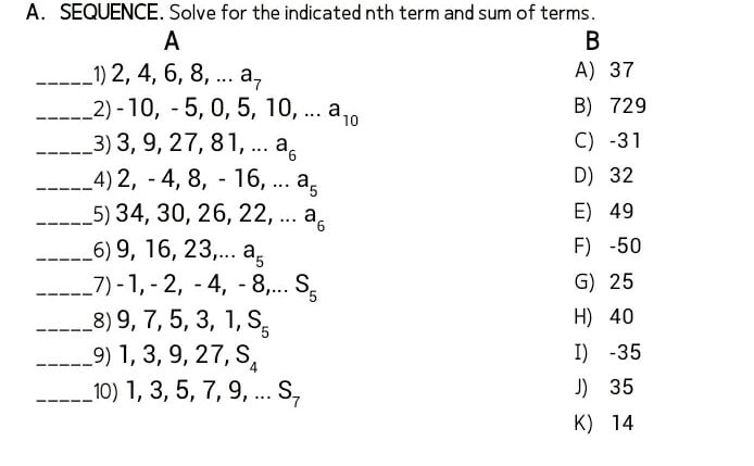 A. SEQUENCE. Solve for the indicated nth | StudyX