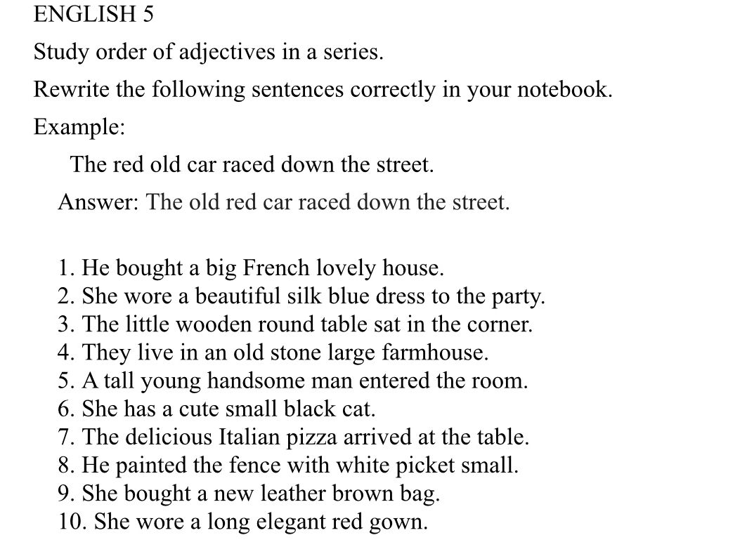 ENGLISH 5 Study order of adjectives in a | StudyX