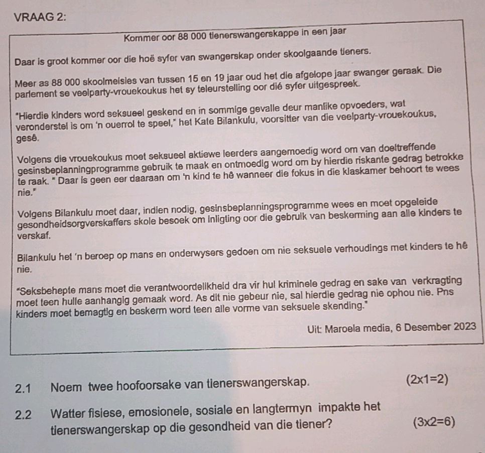 2.1 Noem twee hoofoorsake van | StudyX